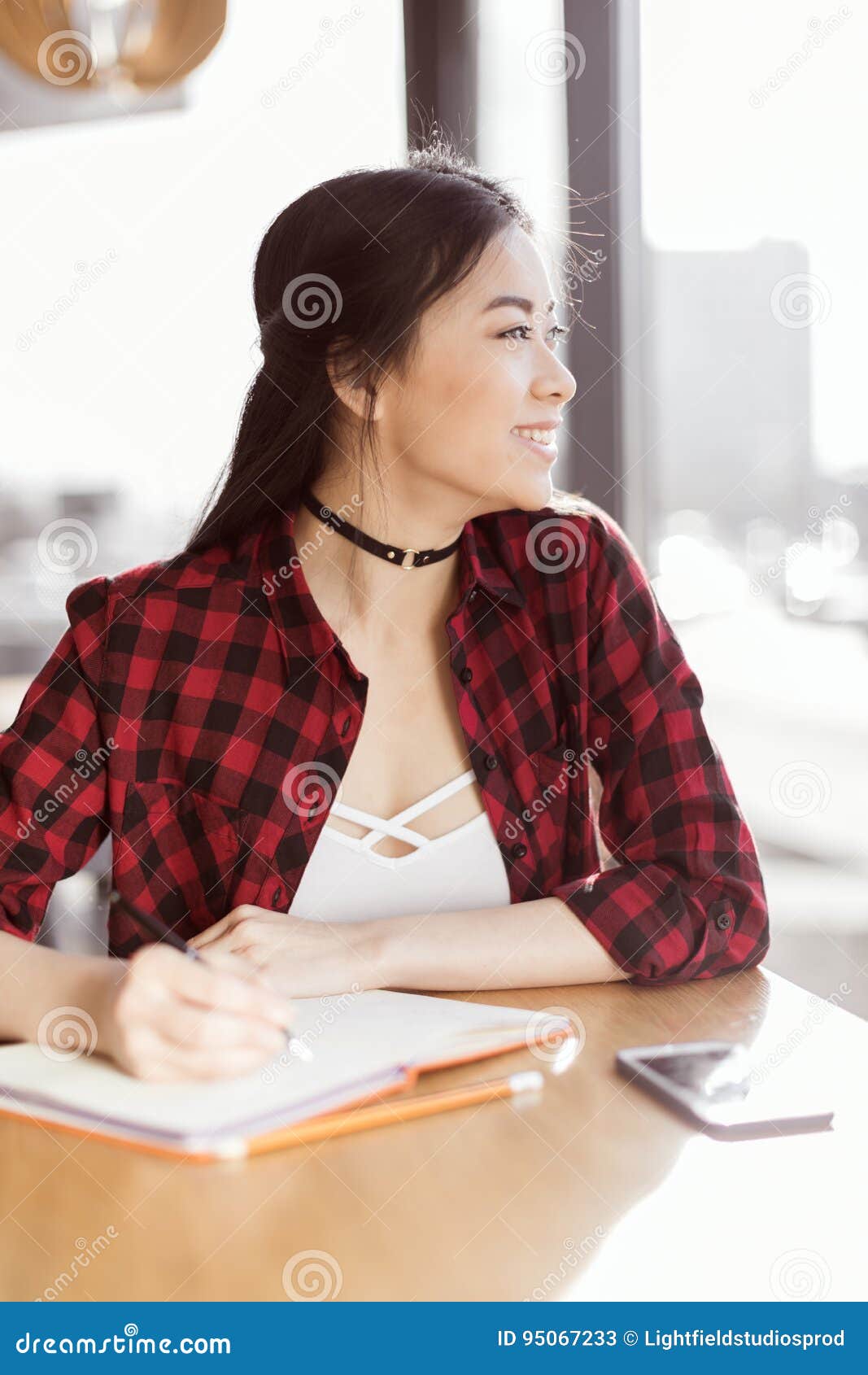 Asian Student Writing in Diary and Sitting in Cafe Stock Image - Image ...