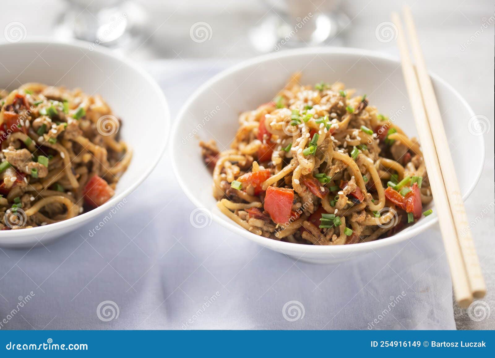 Asian Style Pasta with Minced Chicken Meat, Red Pepper and Cabbage with ... Asian Style Pasta with Minced Chicken Meat, Red Pepper and Cabbage with ...