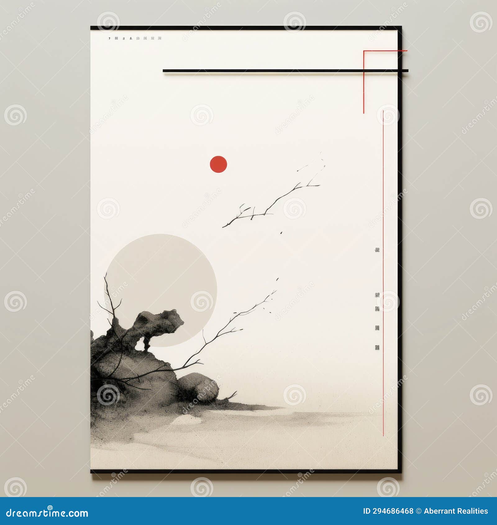 An Asian Style Poster with a Red Sun Stock Illustration - Illustration ...
