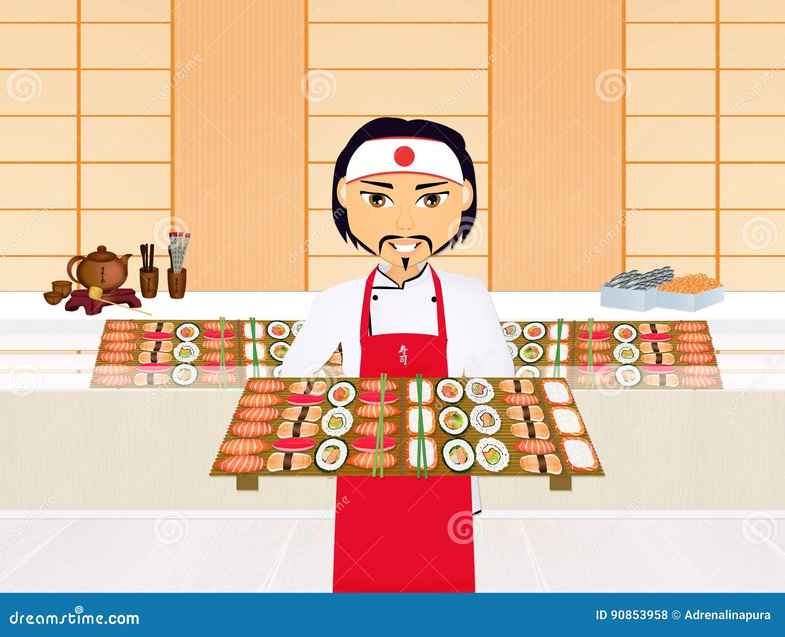 Asian sushi chef stock illustration. Illustration of asian - 90853958