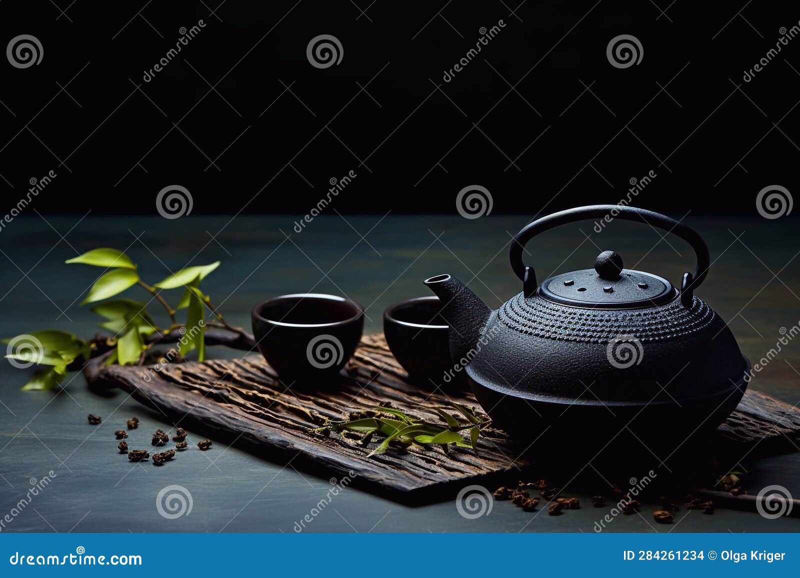 Asian Tea Set on Stone Slate Board, Teapot, Cups, Dried Tea Stock ...