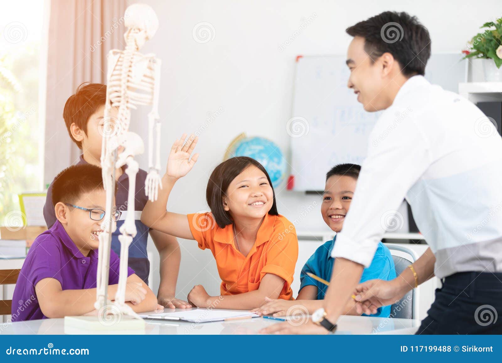 Asian Teacher Explains A Human Body Structure To Little Pupil Stock ...