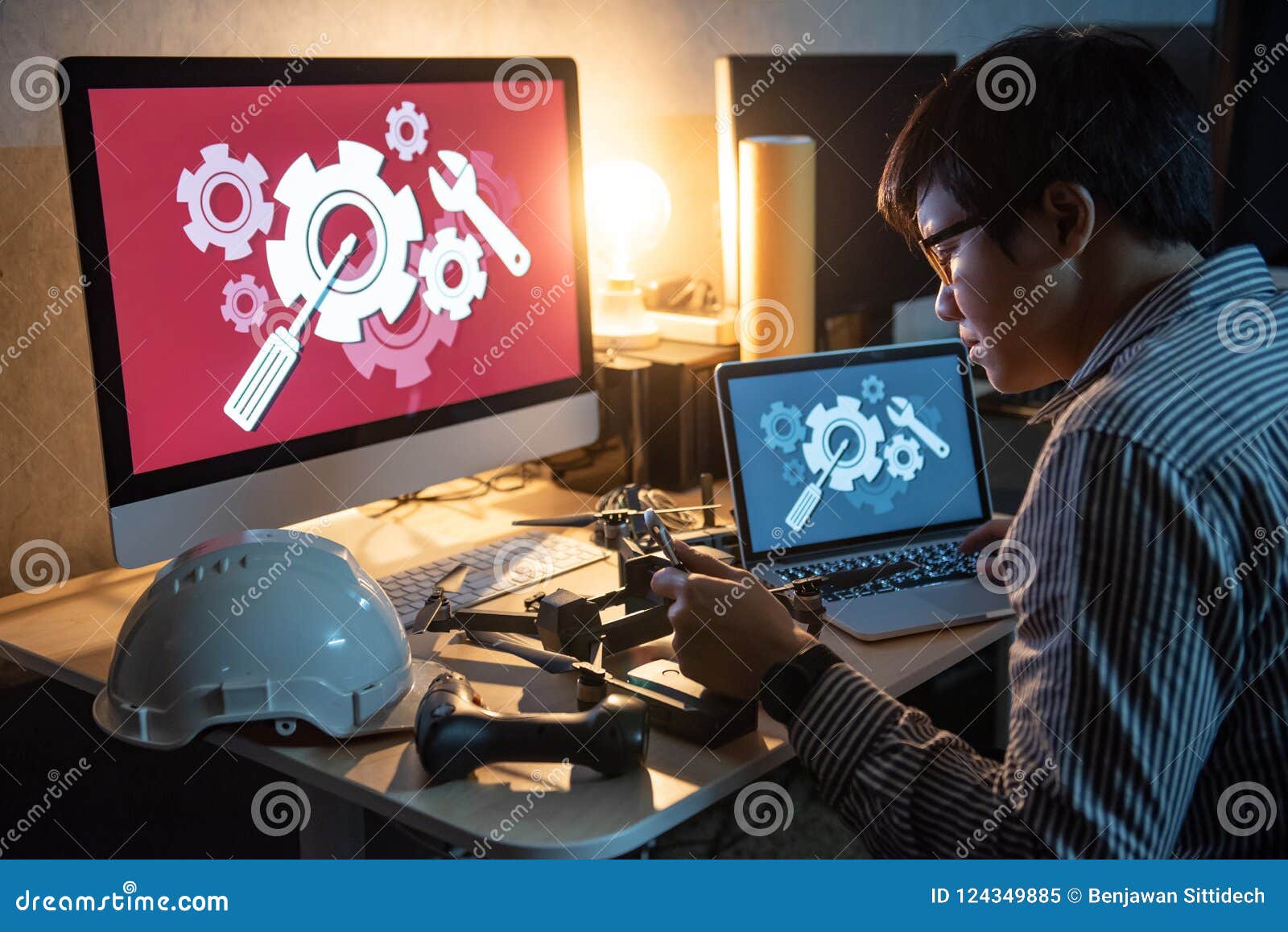 Asian Technical Engineer Repairing Drone Using Laptop Stock Image ...
