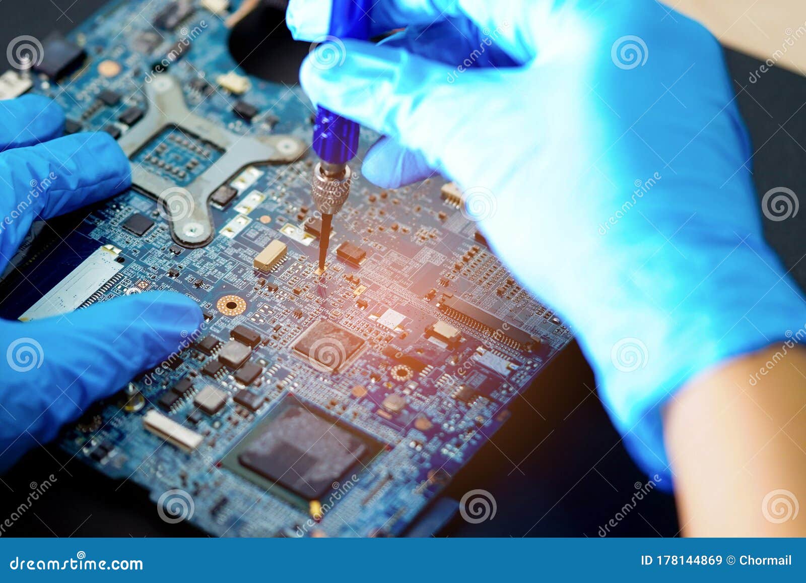 Asian Technician Repairing Micro Circuit Main Board Computer Stock ...