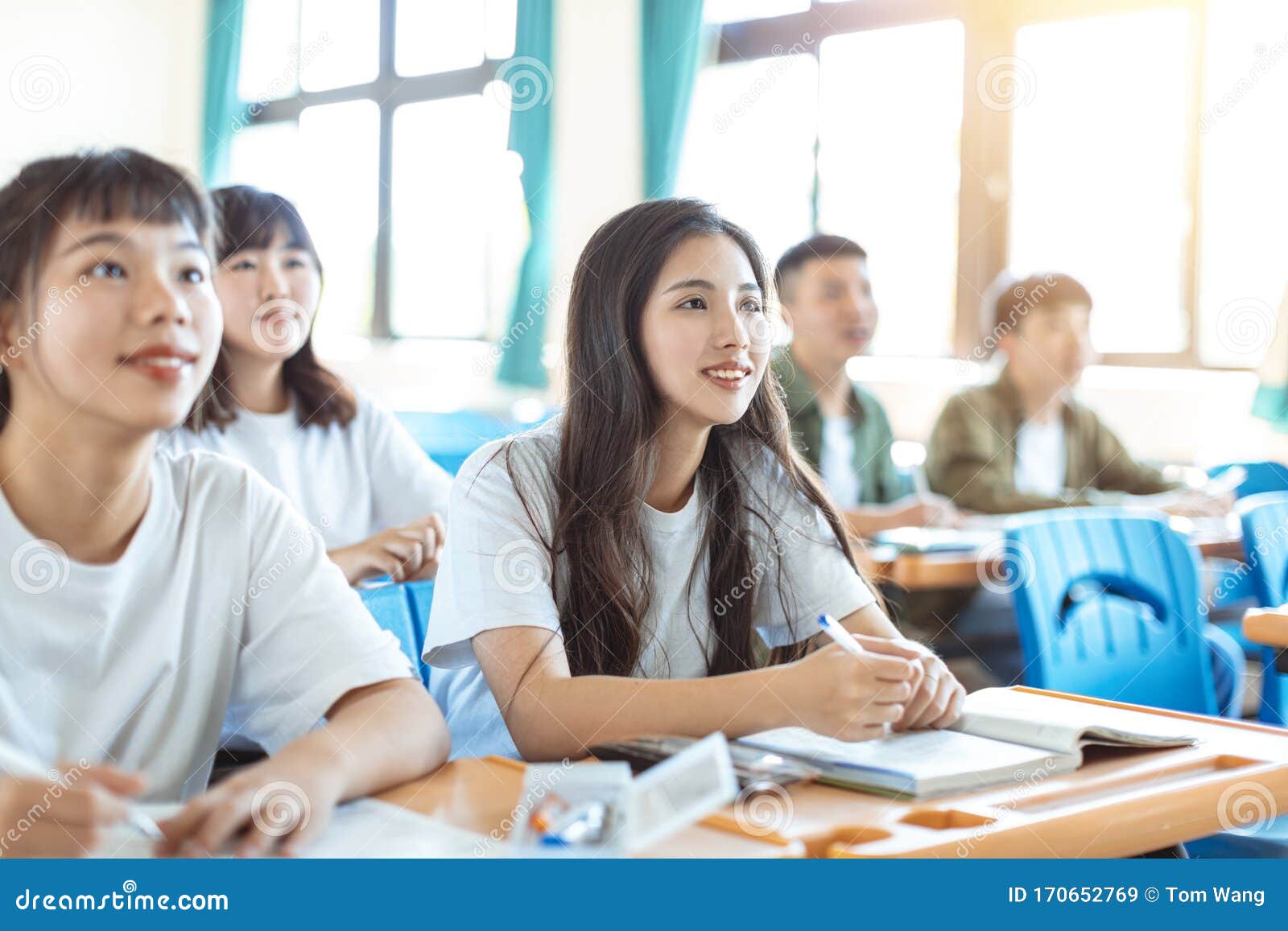 Asian Teenager Student Study with Classmate in Classroom Stock Image ...