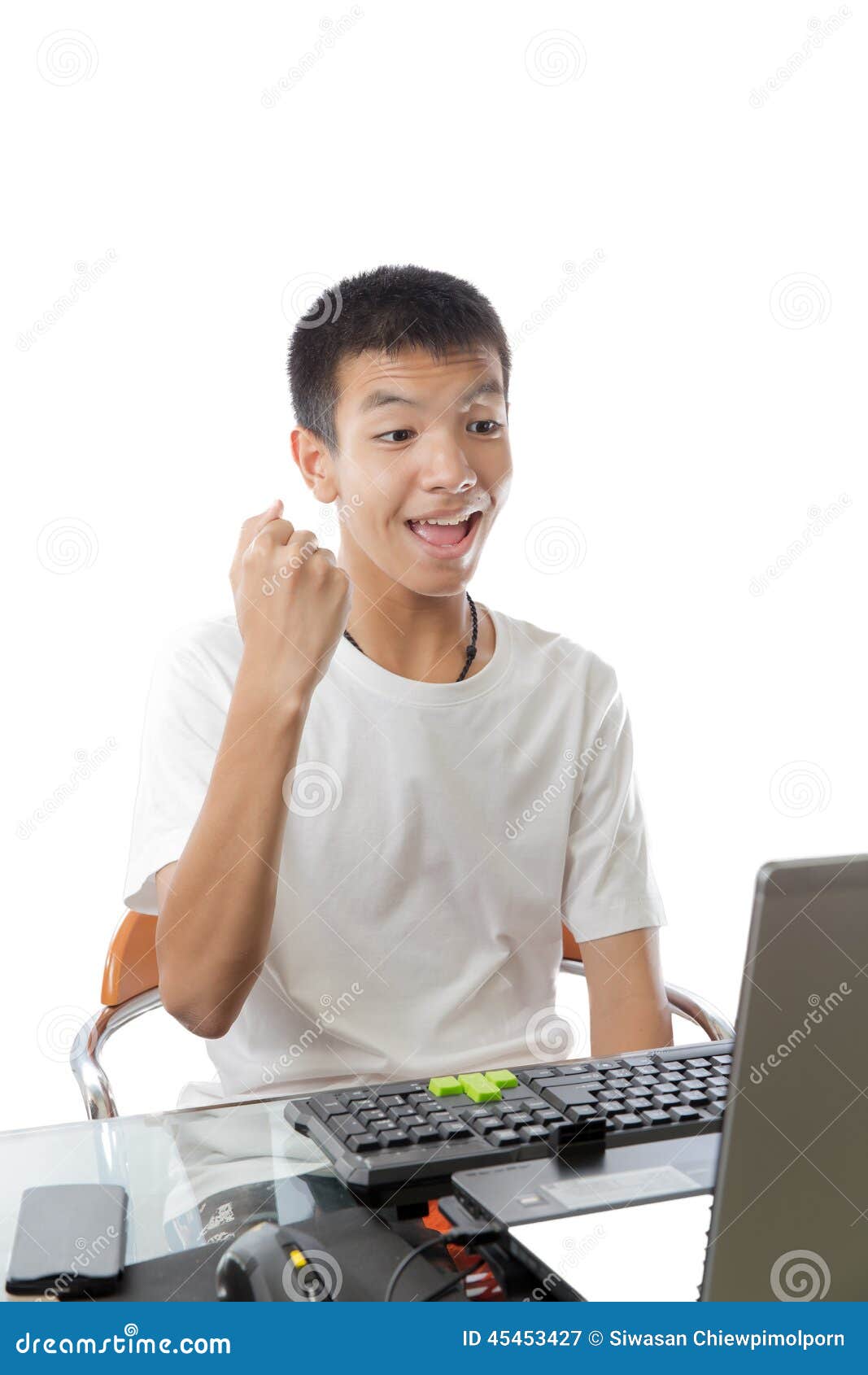 Asian Teenager Using Computer with Victory Gesture Stock Image - Image ...