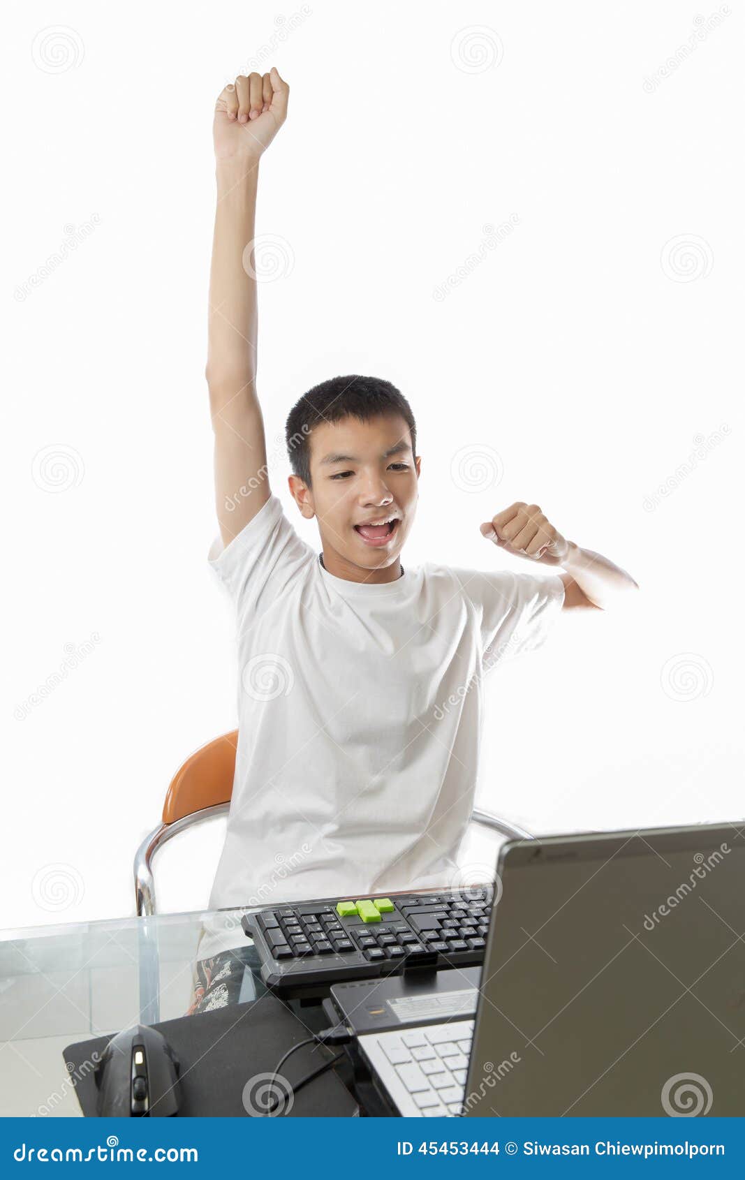 Asian Teenager Using Computer with Victory Gesture Stock Photo - Image ...