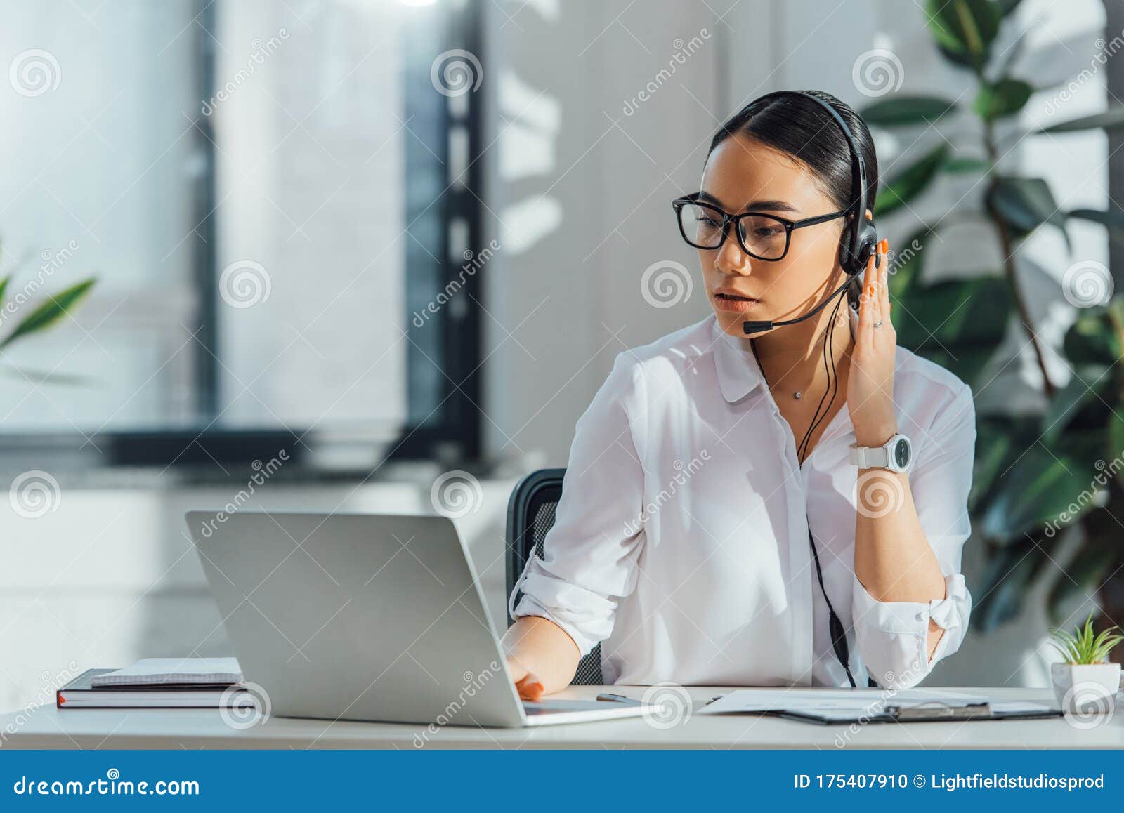 Translator Working Online with Headset and Stock Photo - Image of ...