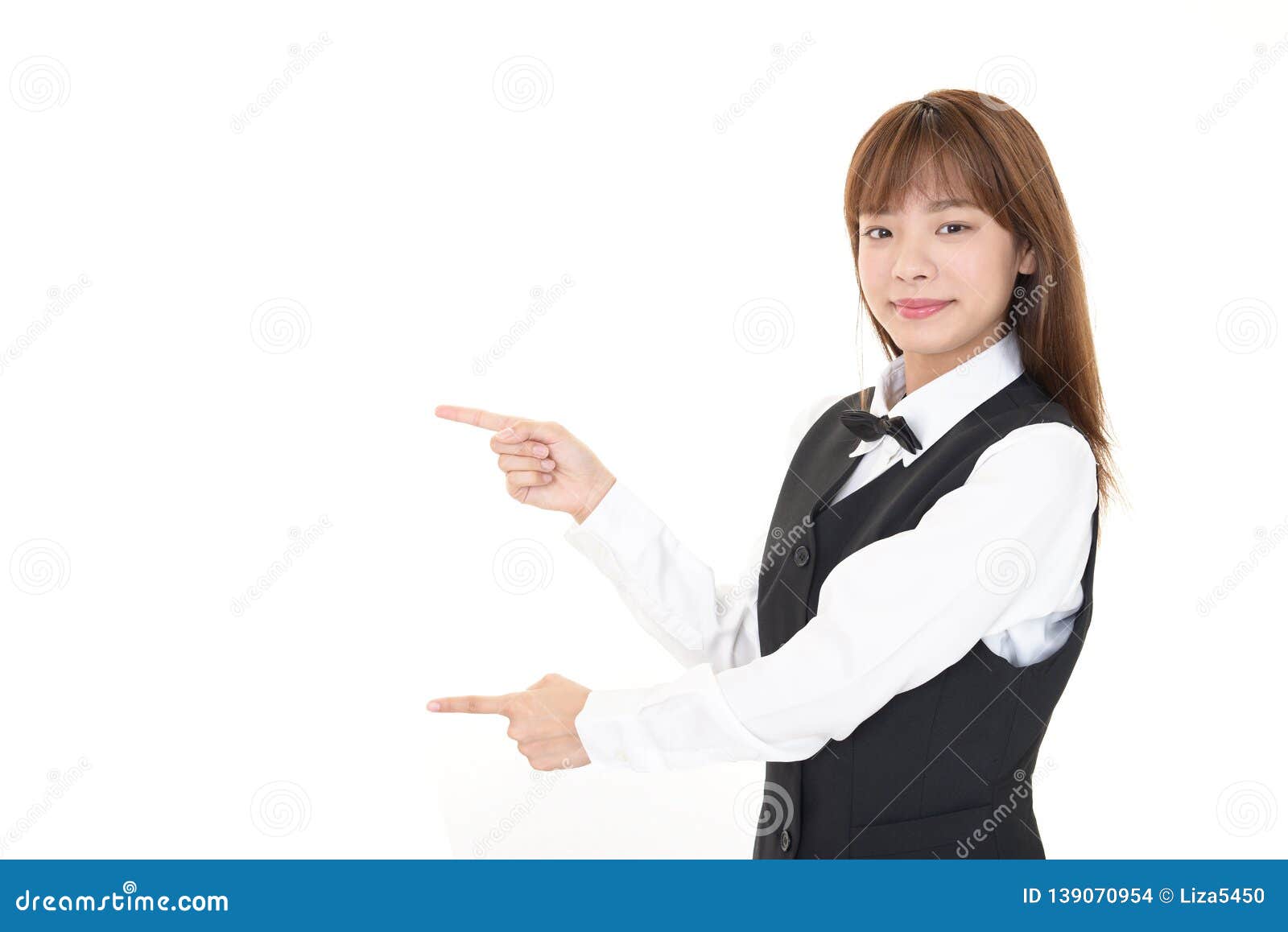 Asian Waitress Pointing with Her Fingers Stock Photo - Image of cafe ...