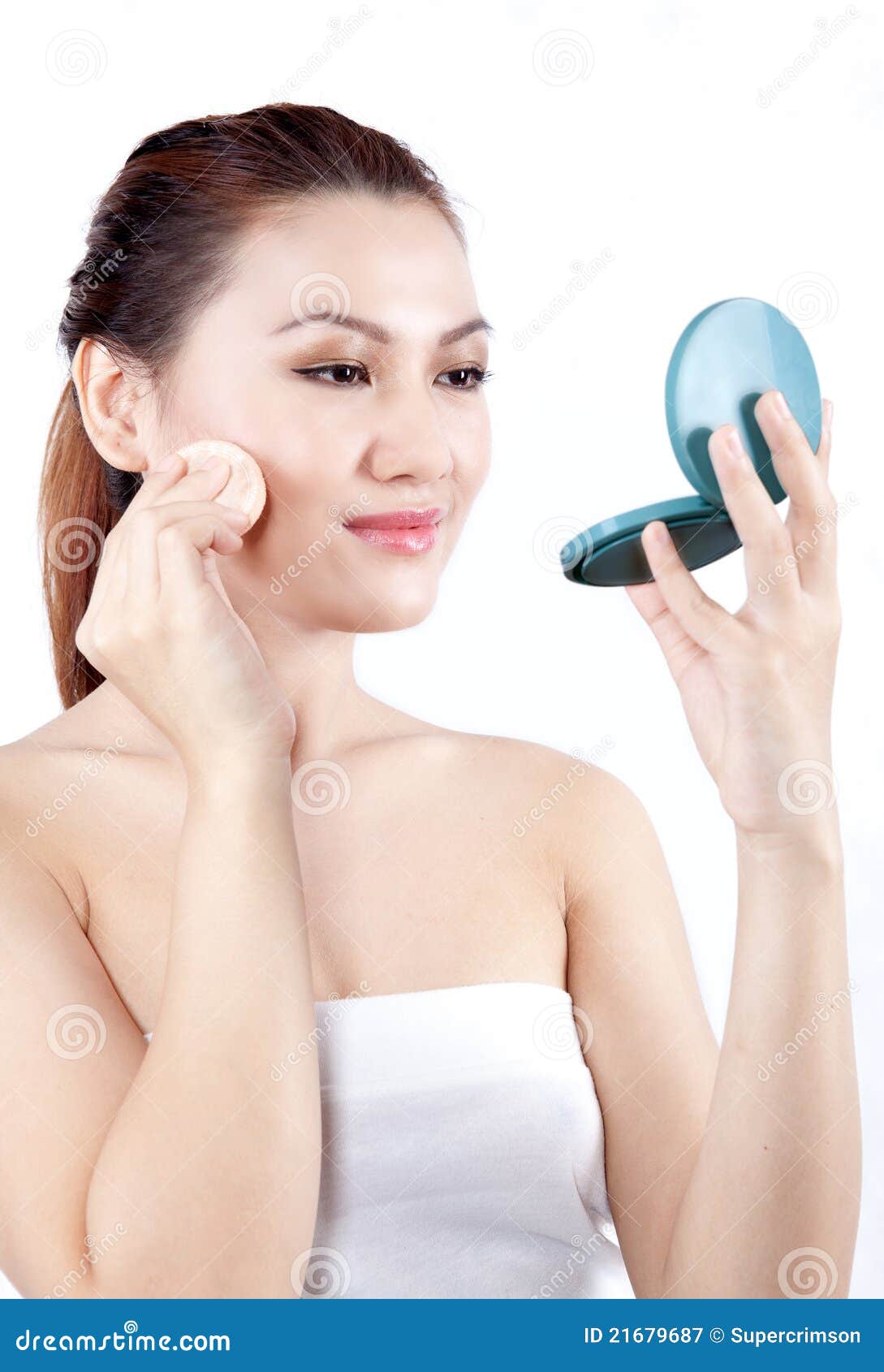 Asian Woman Applying Powder on Her Face Stock Image - Image of person ...