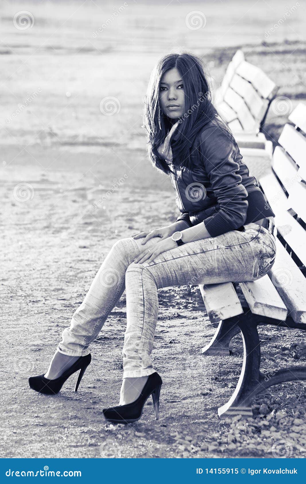 Asian woman on bench stock image. Image of face, looking - 14155915