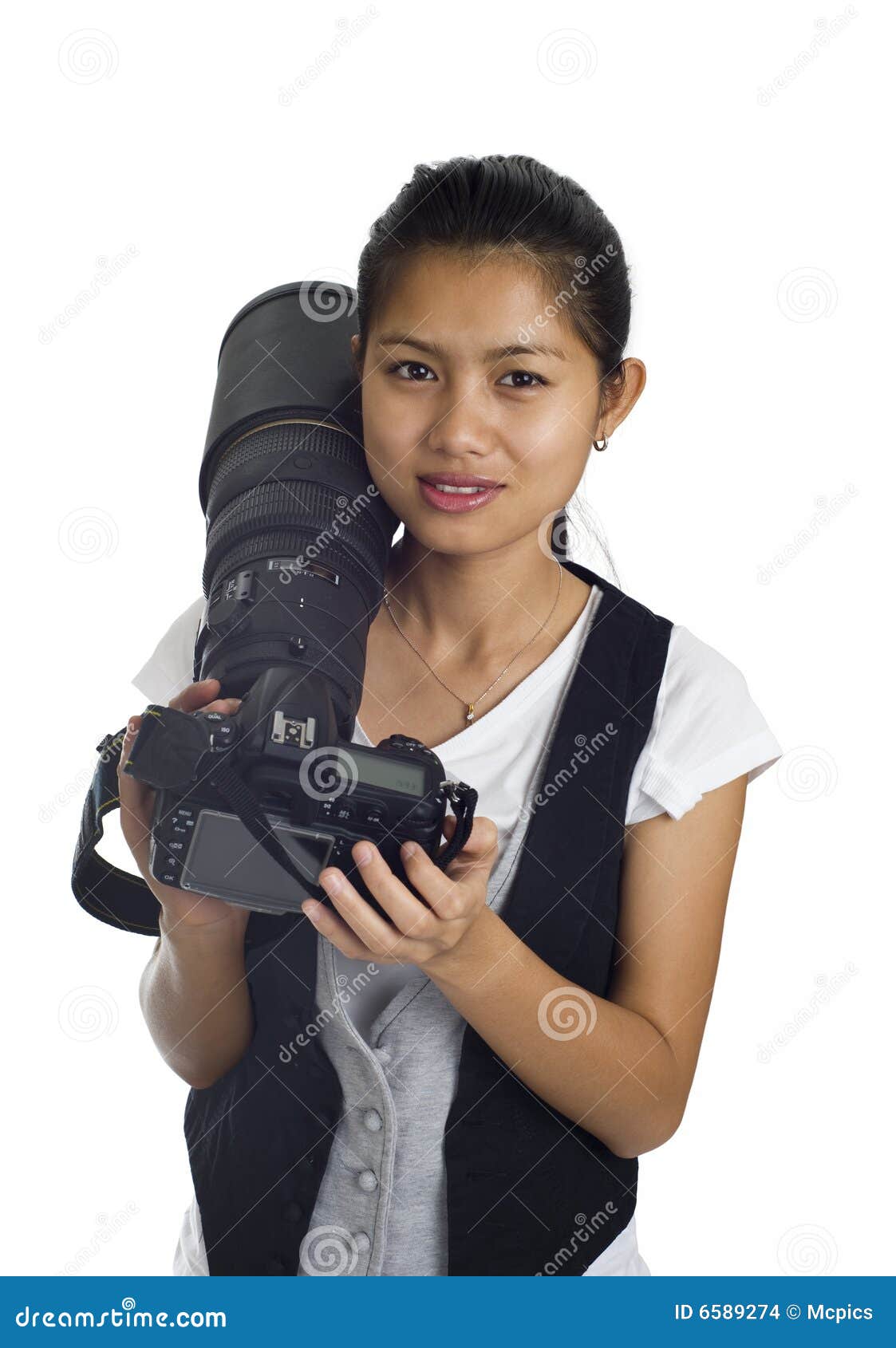 Asian Woman with Cam and Tele Stock Photo - Image of holding, hands ...
