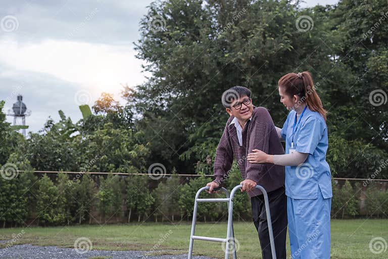 Asian Woman Caregiver Helping Senior Man Walking Nurse Assisting He