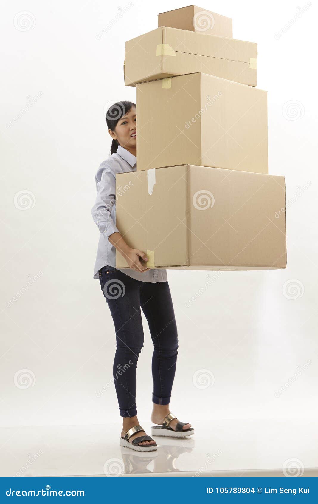 Woman carry boxes stock photo. Image of cardboard, home - 105789804