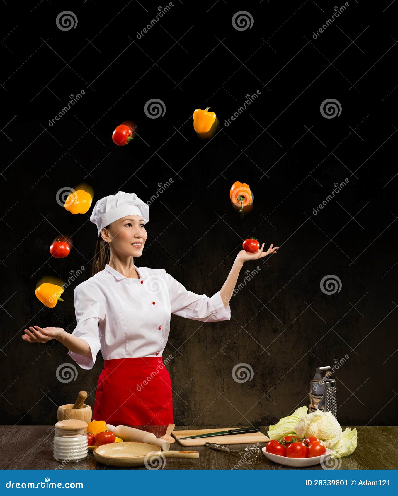 Asian Woman Chef Juggling with Vegetables Stock Image - Image of ...