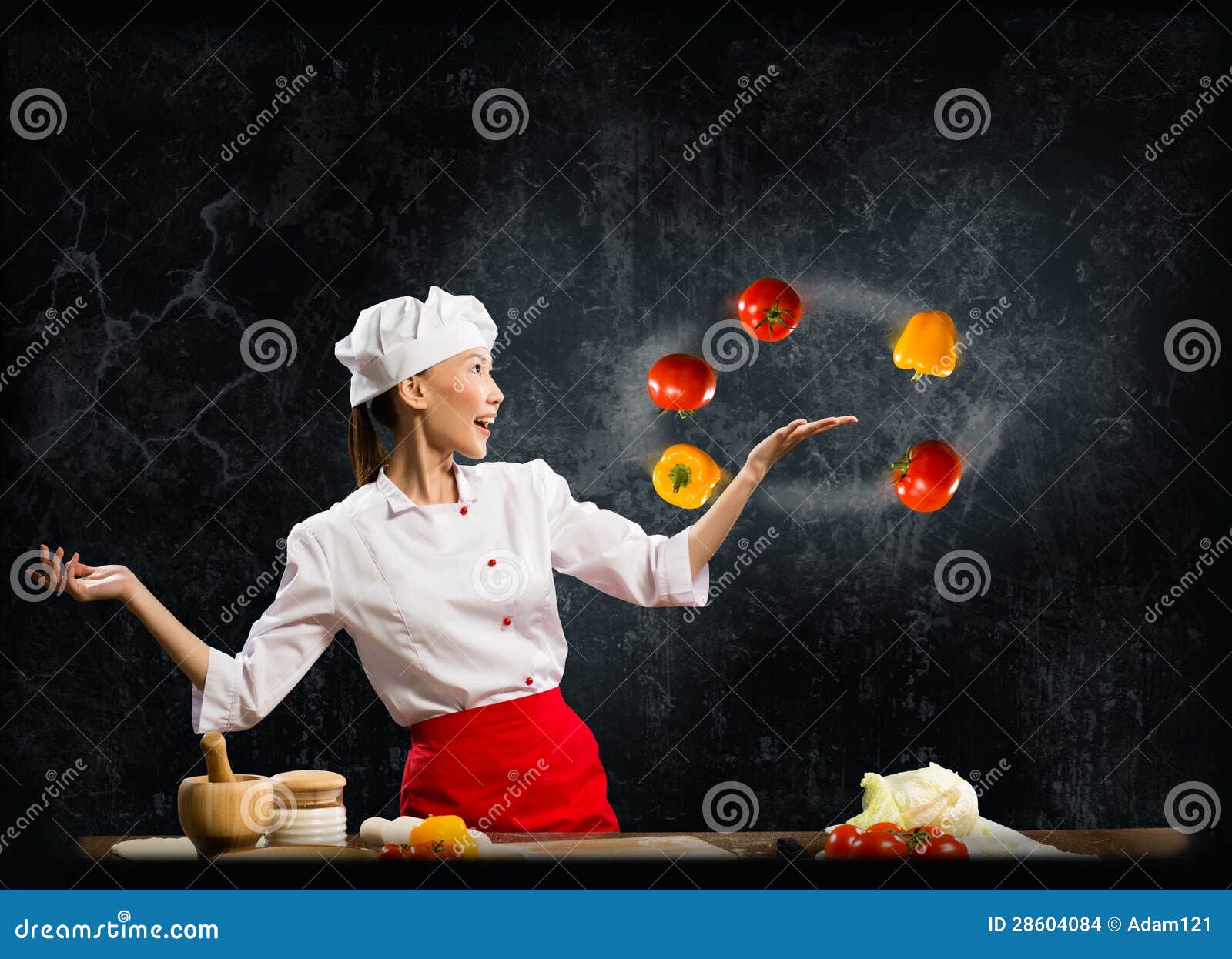 Asian Woman Chef Juggling with Vegetables Stock Photo - Image of ...