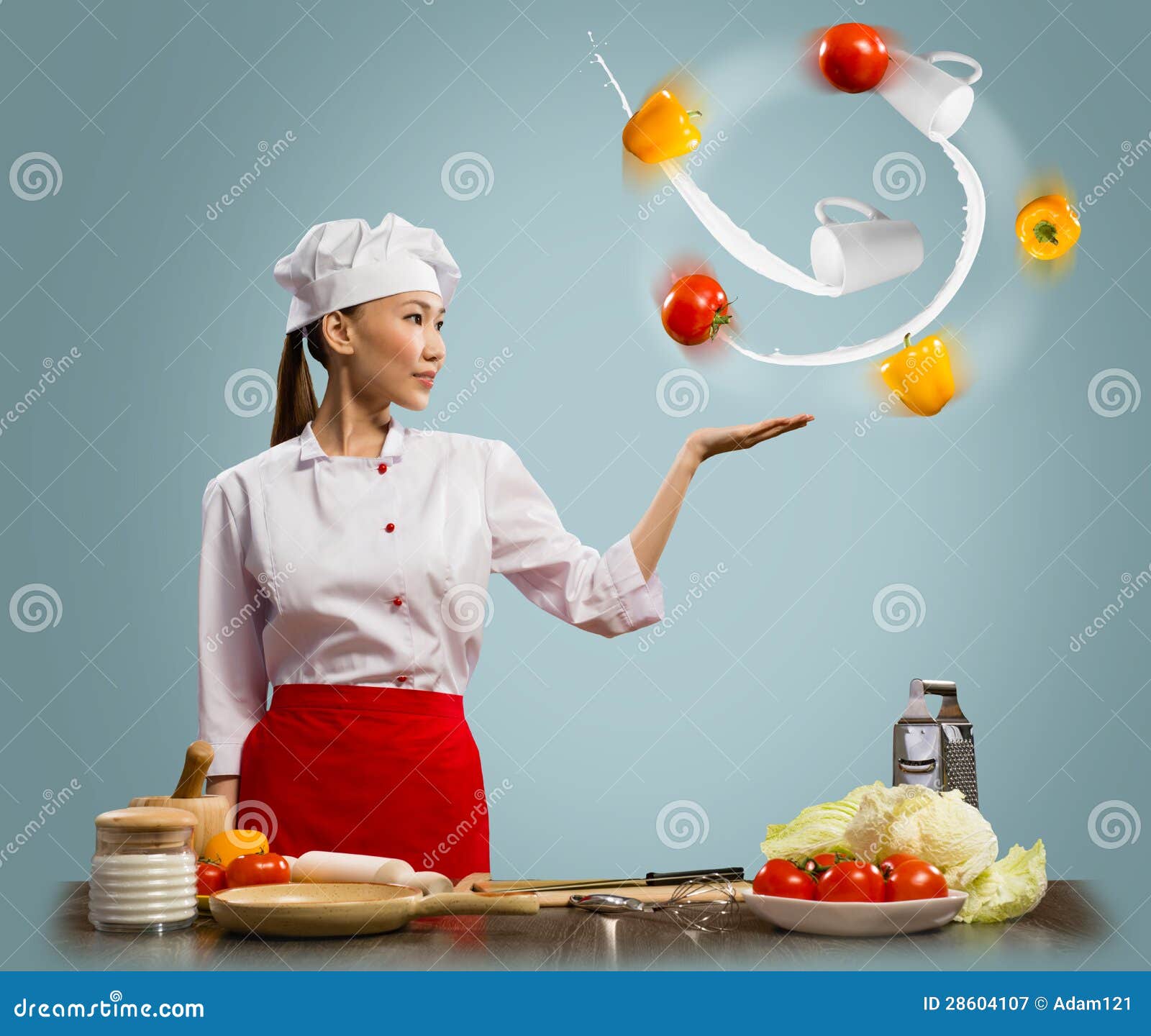 Asian Woman Chef Juggling with Vegetables Stock Image - Image of asian ...