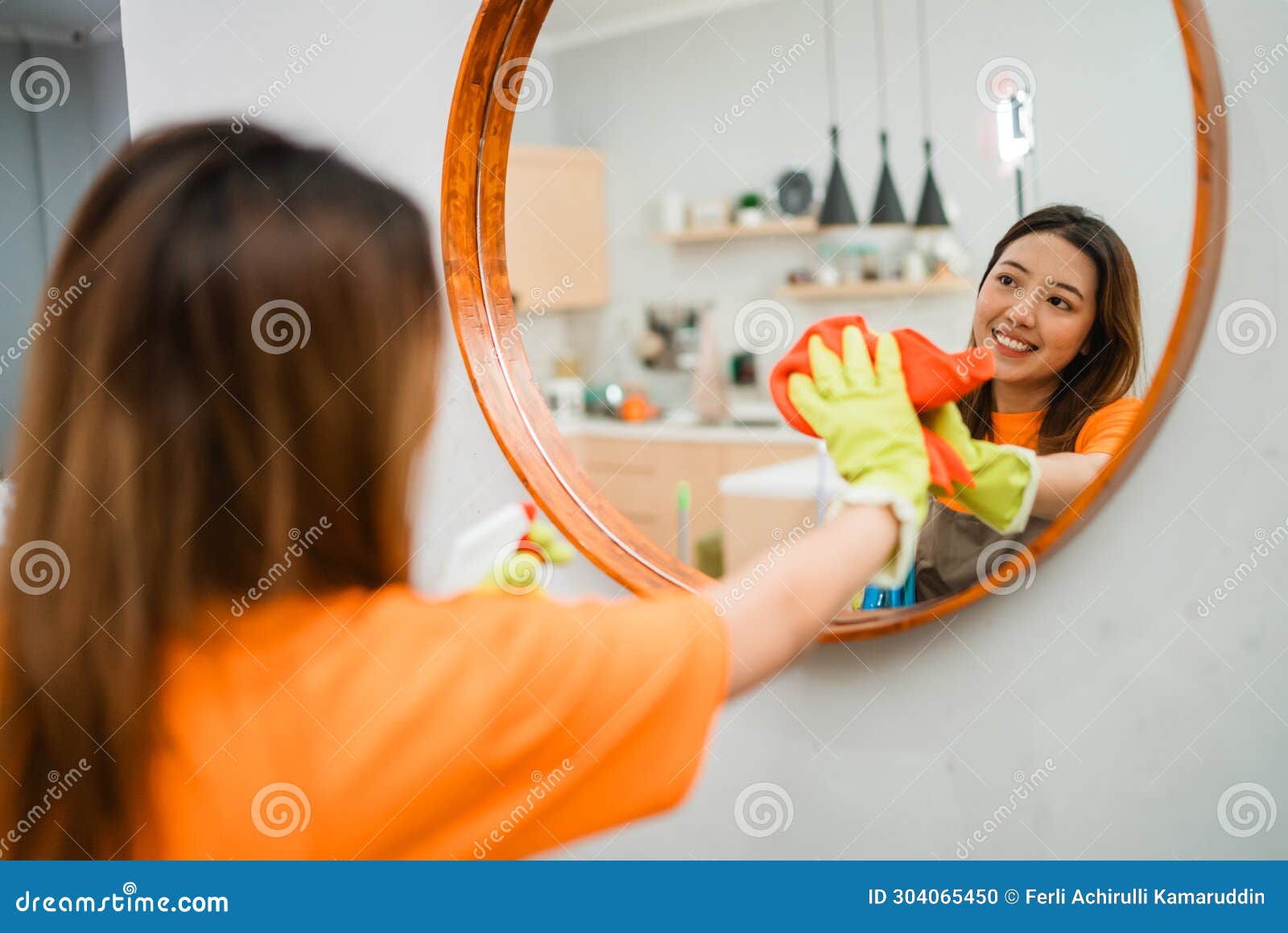 Asian Woman Cleans and Wipes Mirror Stock Photo - Image of chores ...