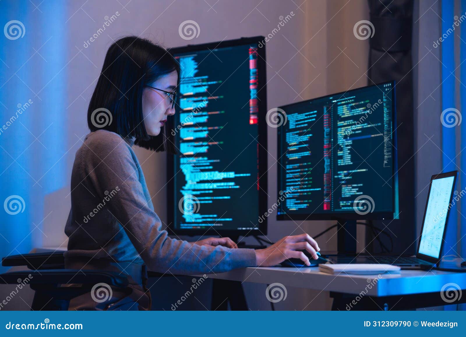Asian Woman Developer Devops Coding Software Data Working At Night In