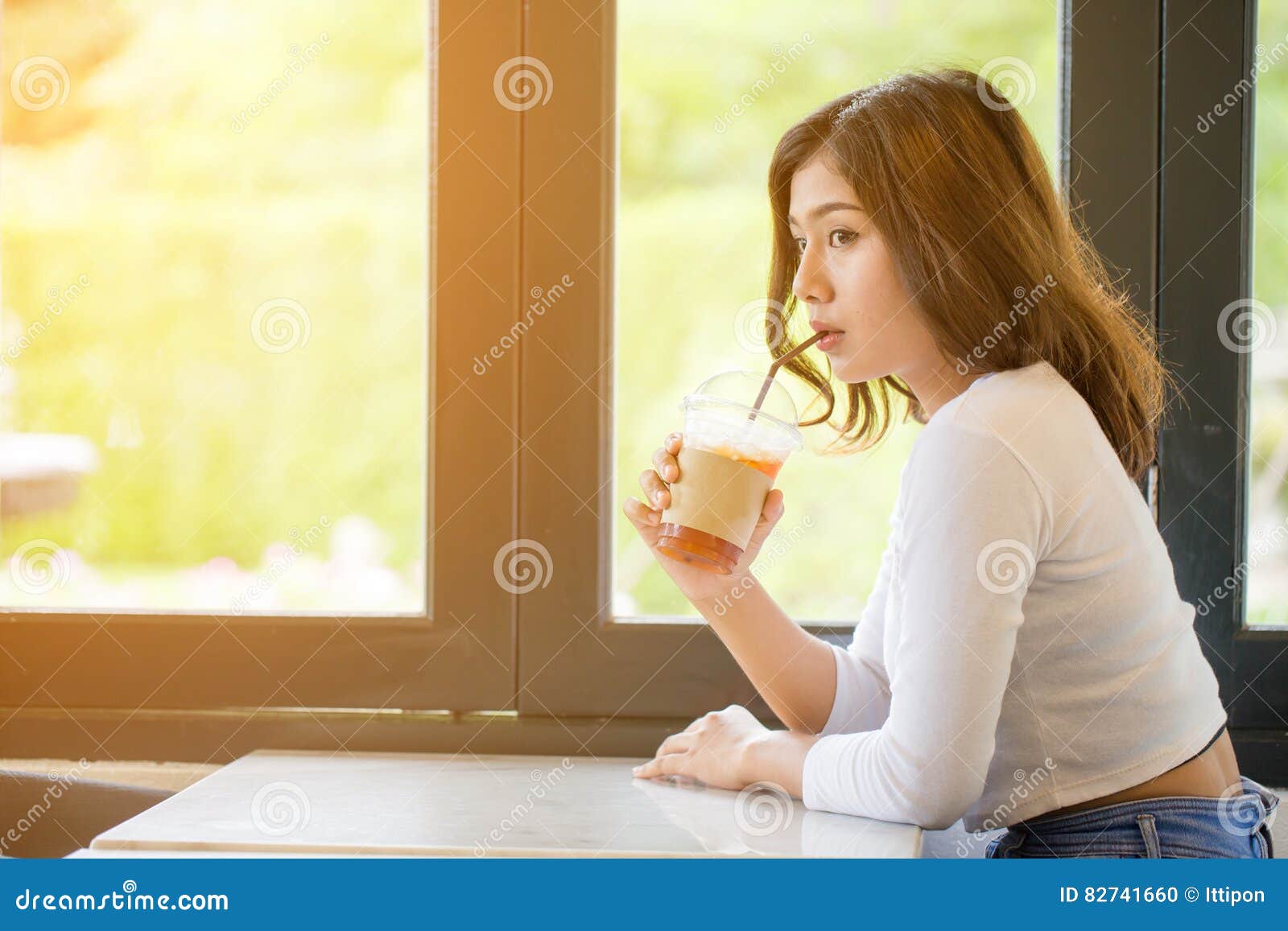 Asian Woman Drinking Cold Coffee Stock Photo - Image of gorgeous, cold ...