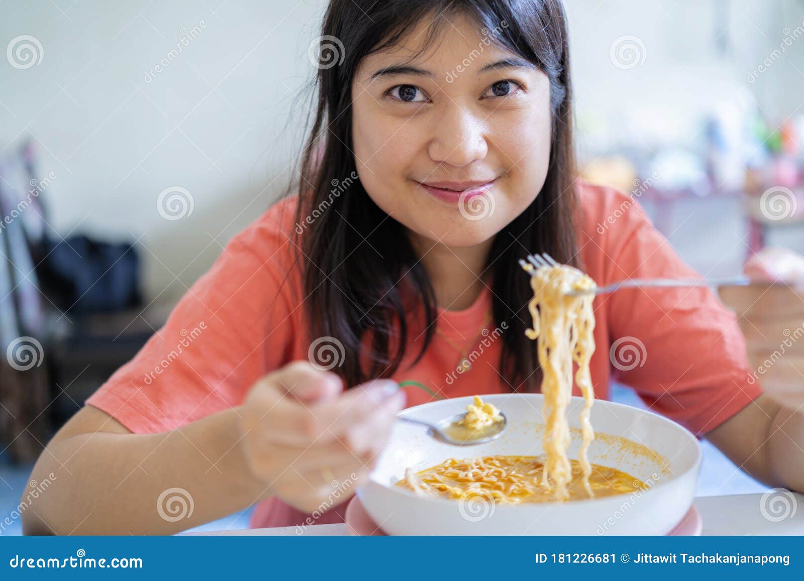 Asian Woman Eating Instant Noodles Is Happy To Eat Stock Image Image