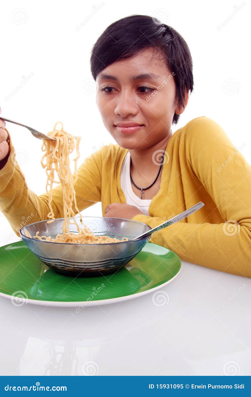 Asian woman eating noodle stock image. Image of studio - 15931095