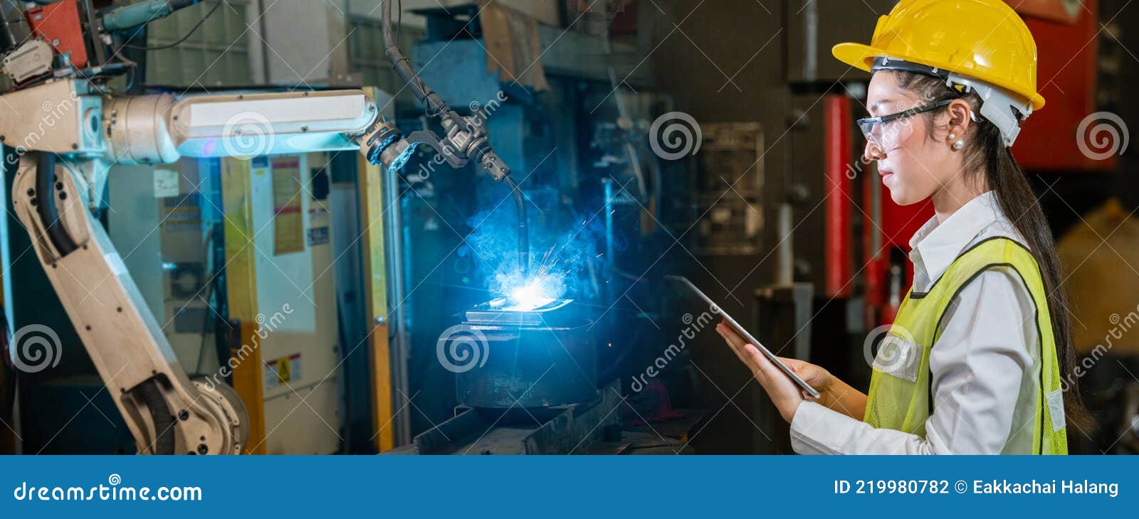 Asian Woman Engineer Worker Use Tablet Control Robot Automatic, Factory ...