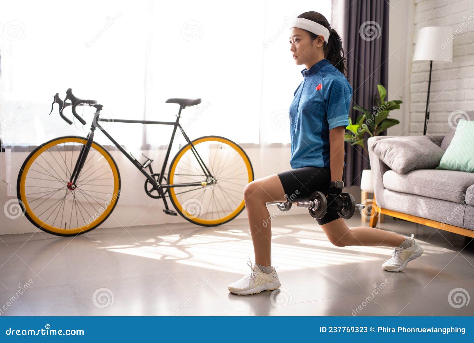 Asian Woman Exercise with Leg Lunges at Home Stock Image - Image of ...