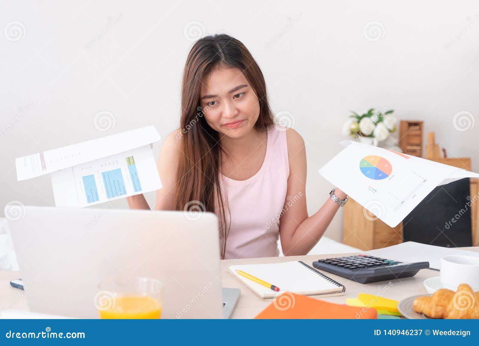 Asian Woman Freelancer Upset with Work Problem with Laptop on Mess ...