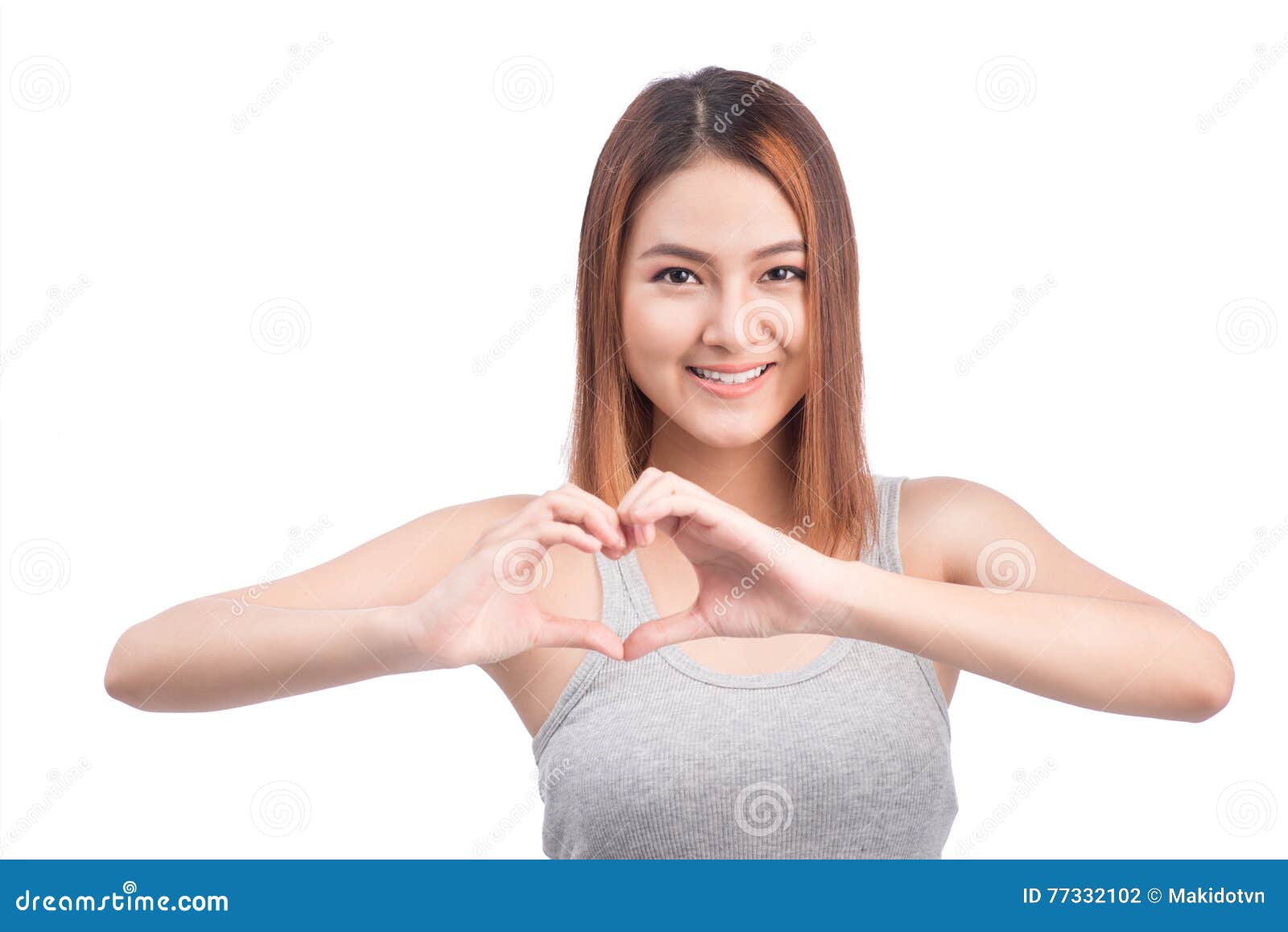 Asian Woman Gesturing Heart Shape with Hands, Isolated on White Stock ...