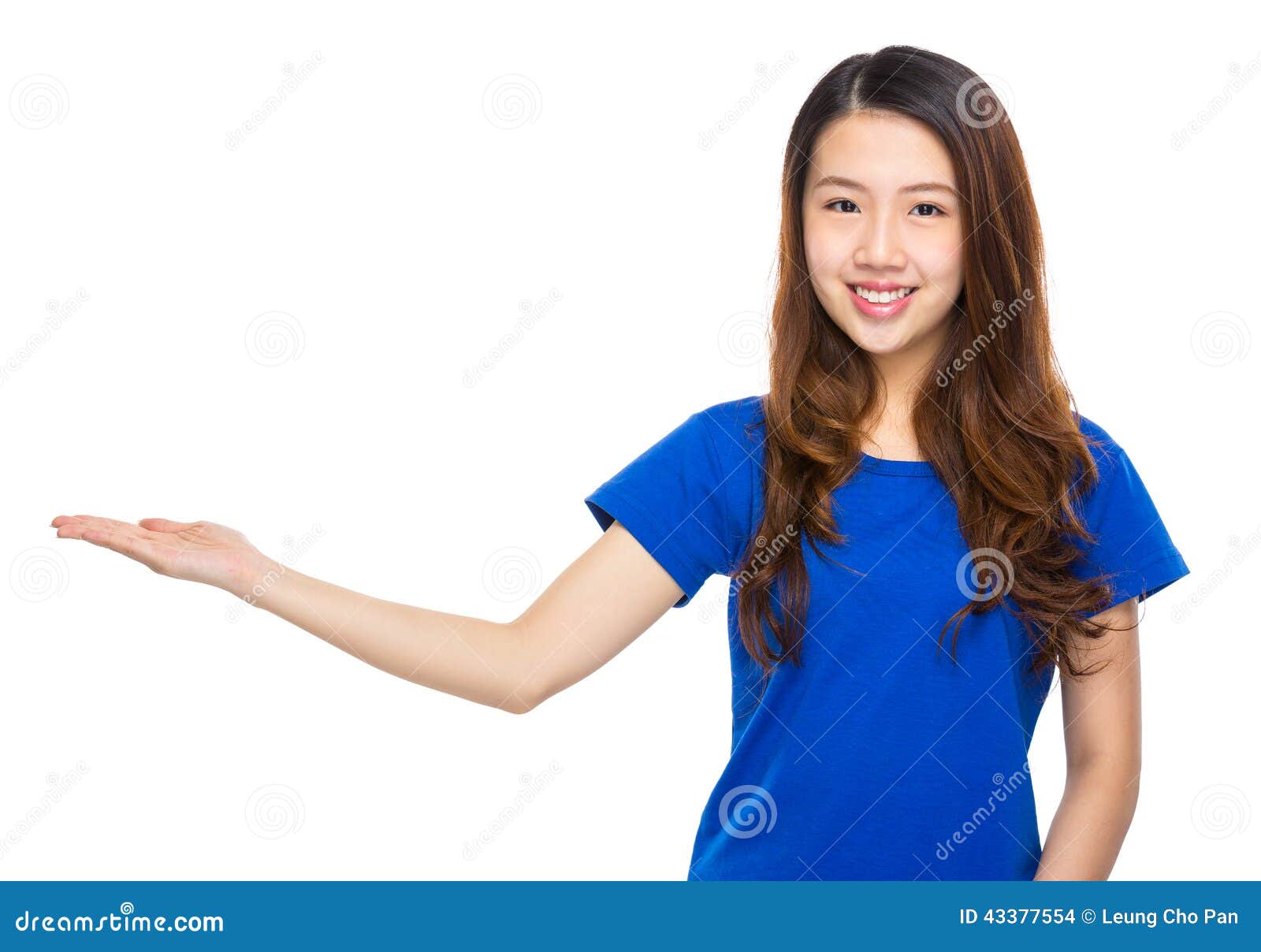 Asian Woman with Hand Presentation Stock Photo - Image of navy, korean ...