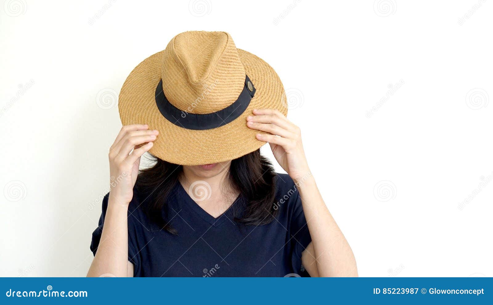 Asian Woman Hide Face Behind Hat. Introvert and Antisocial Concept ...