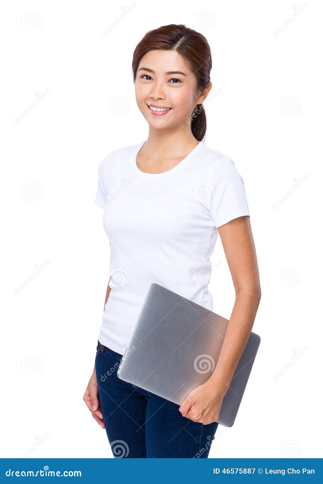 Asian Woman Hold with Notebook Computer Stock Image - Image of portrait ...