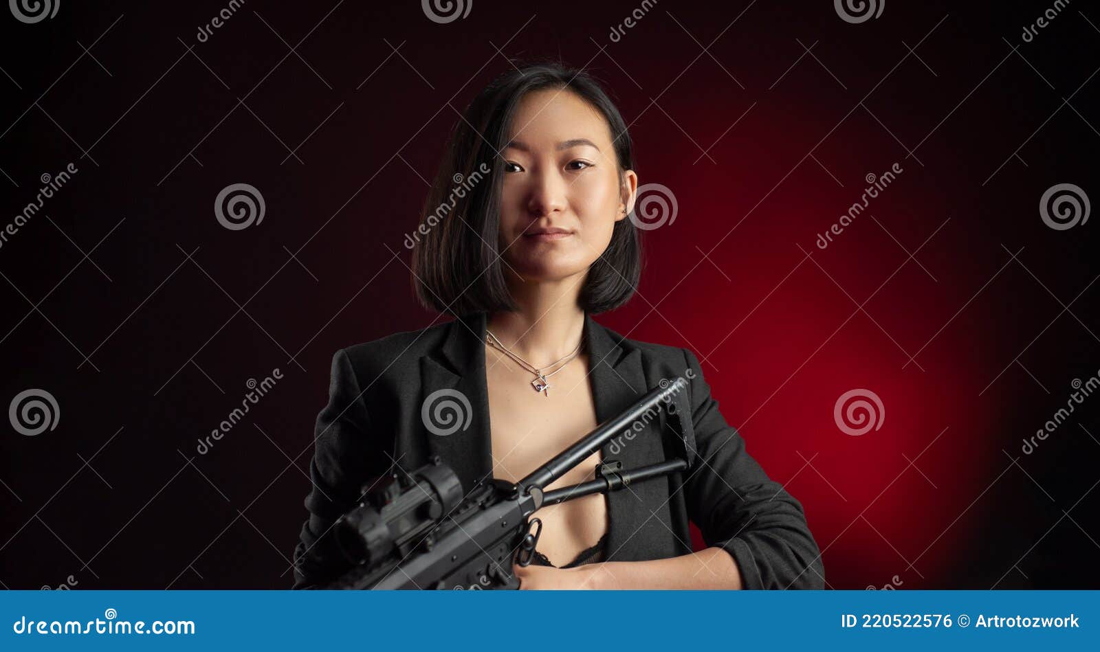Asian Woman in a Jacket with an Automatic Rifle in Her Hands Mafia ...