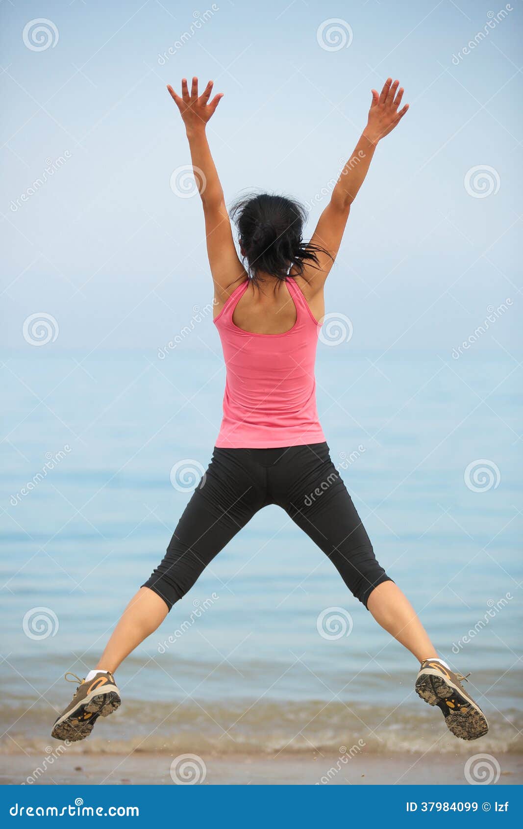 Asian Woman Jumping on Beach. Stock Image - Image of freedom, girl ...