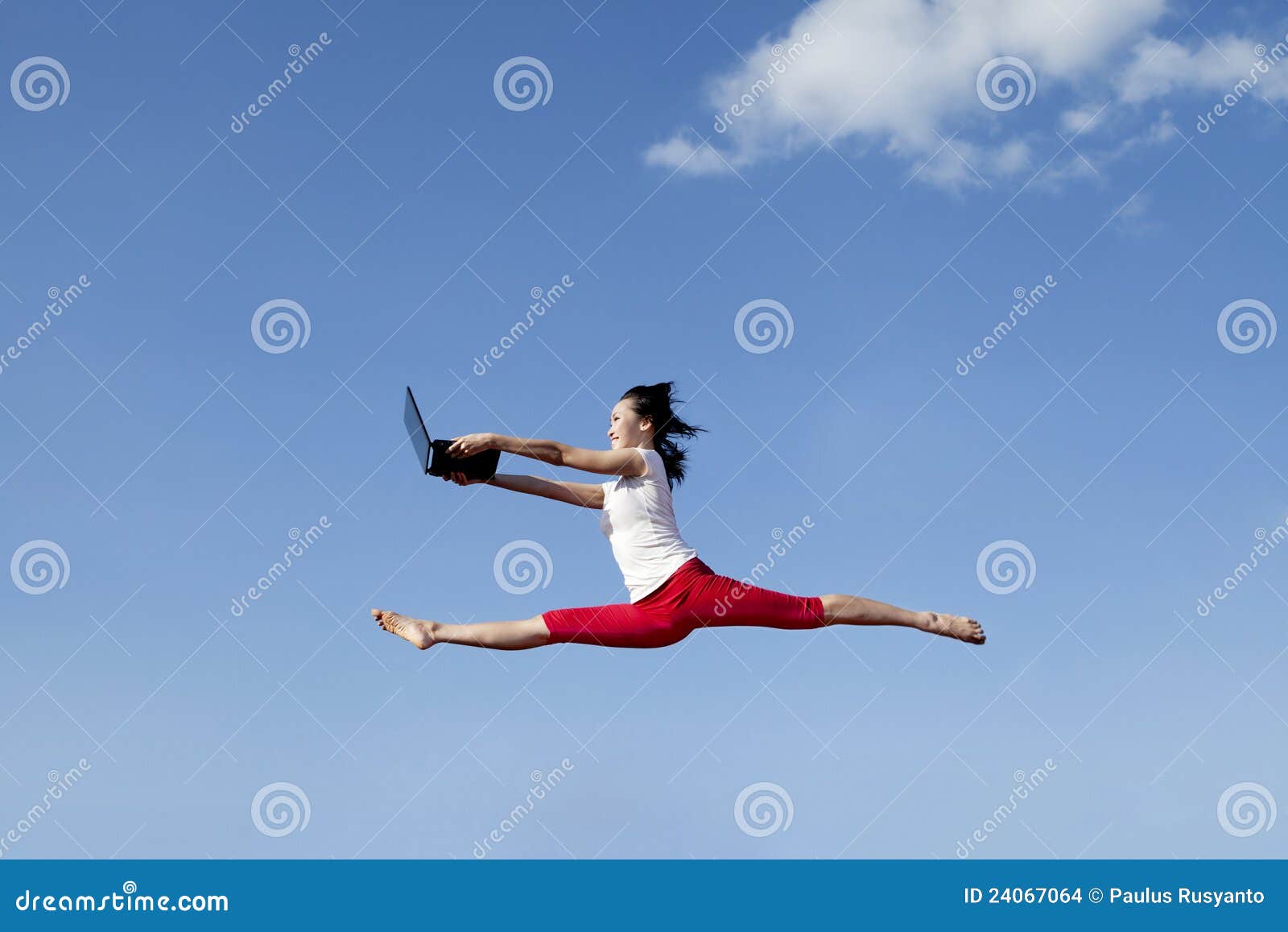 Asian Woman Jumping with Laptop Stock Photo - Image of active, girl ...