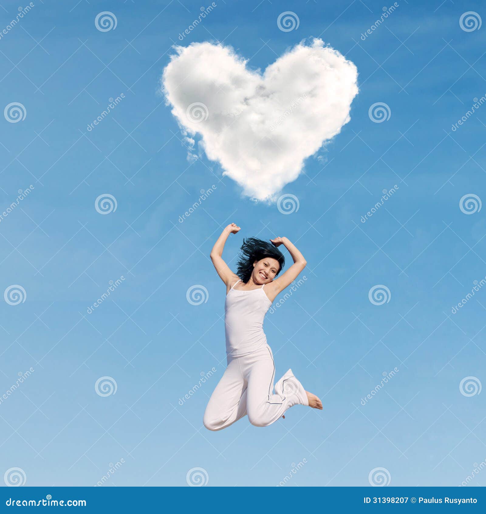 Asian Woman Jumping Under Heart Cloud Stock Image - Image of energy ...