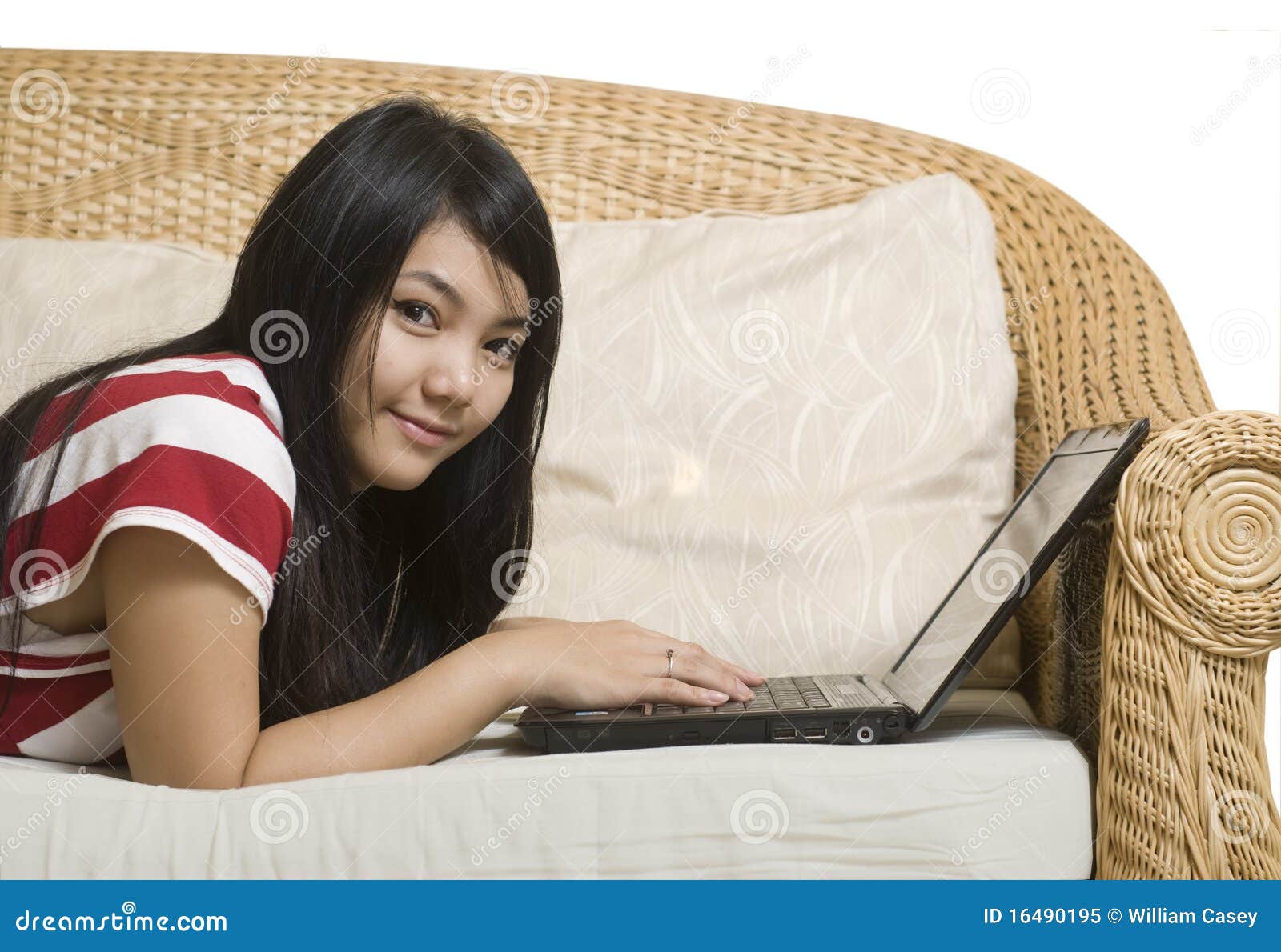 Asian Woman Laying Down Using Laptop Computer Stock Image - Image of ...