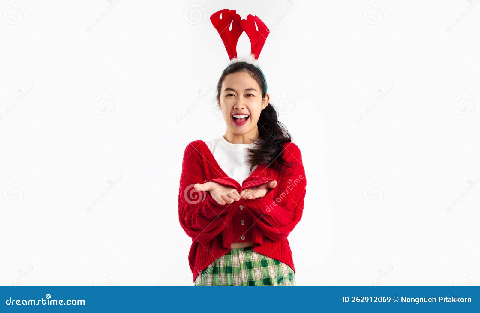 Asian Woman Long Hairstyle Wearing Reindeer Horns Headband Red Sweater