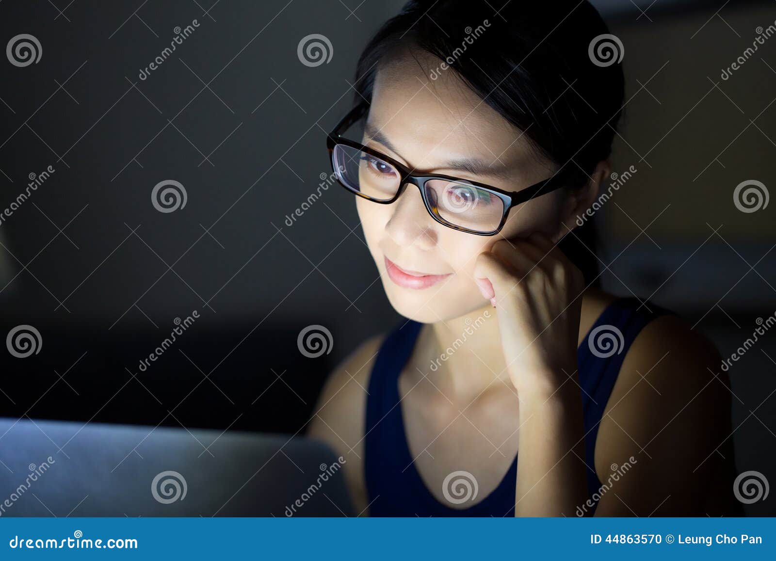 Asian Woman Look at Computer Screen Stock Photo - Image of chat, laptop ...