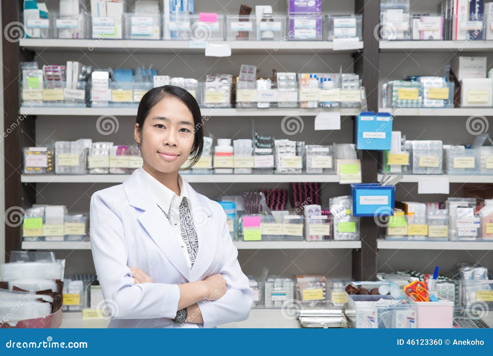 Asian woman a pharmacist stock photo. Image of doctor - 46123360