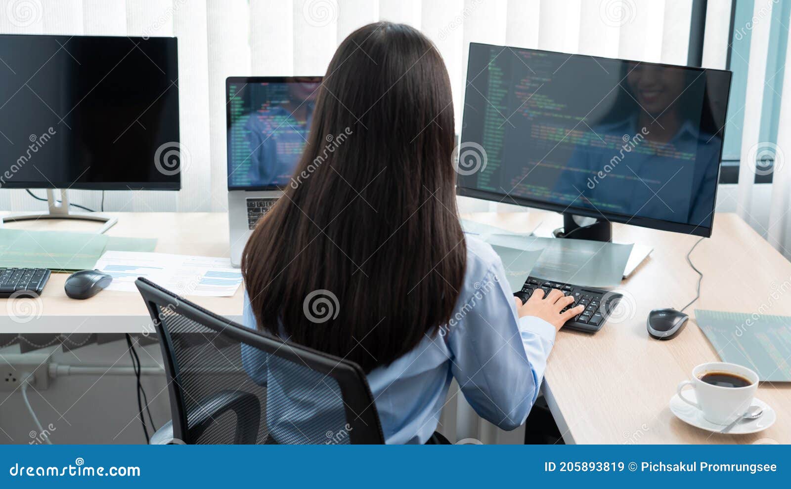 Asian Woman Programmer Typing Source Code With Computer Pc For Developing Program Or Application
