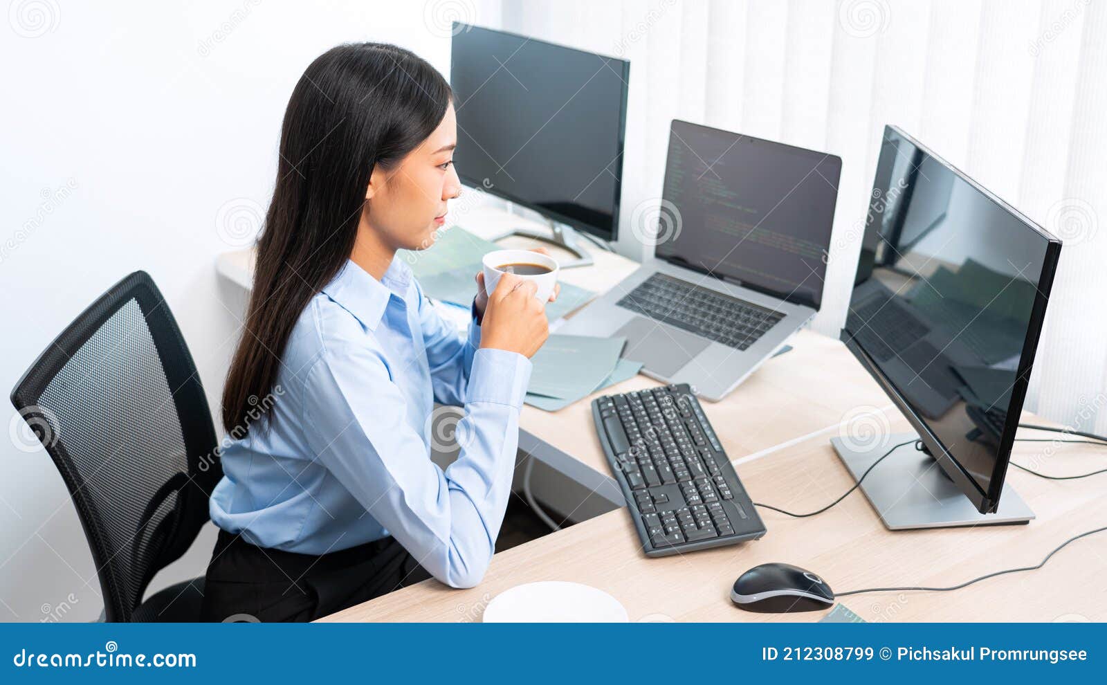 Asian Woman Programmer Typing Source Code With Computer Pc For Developing Program Or Application