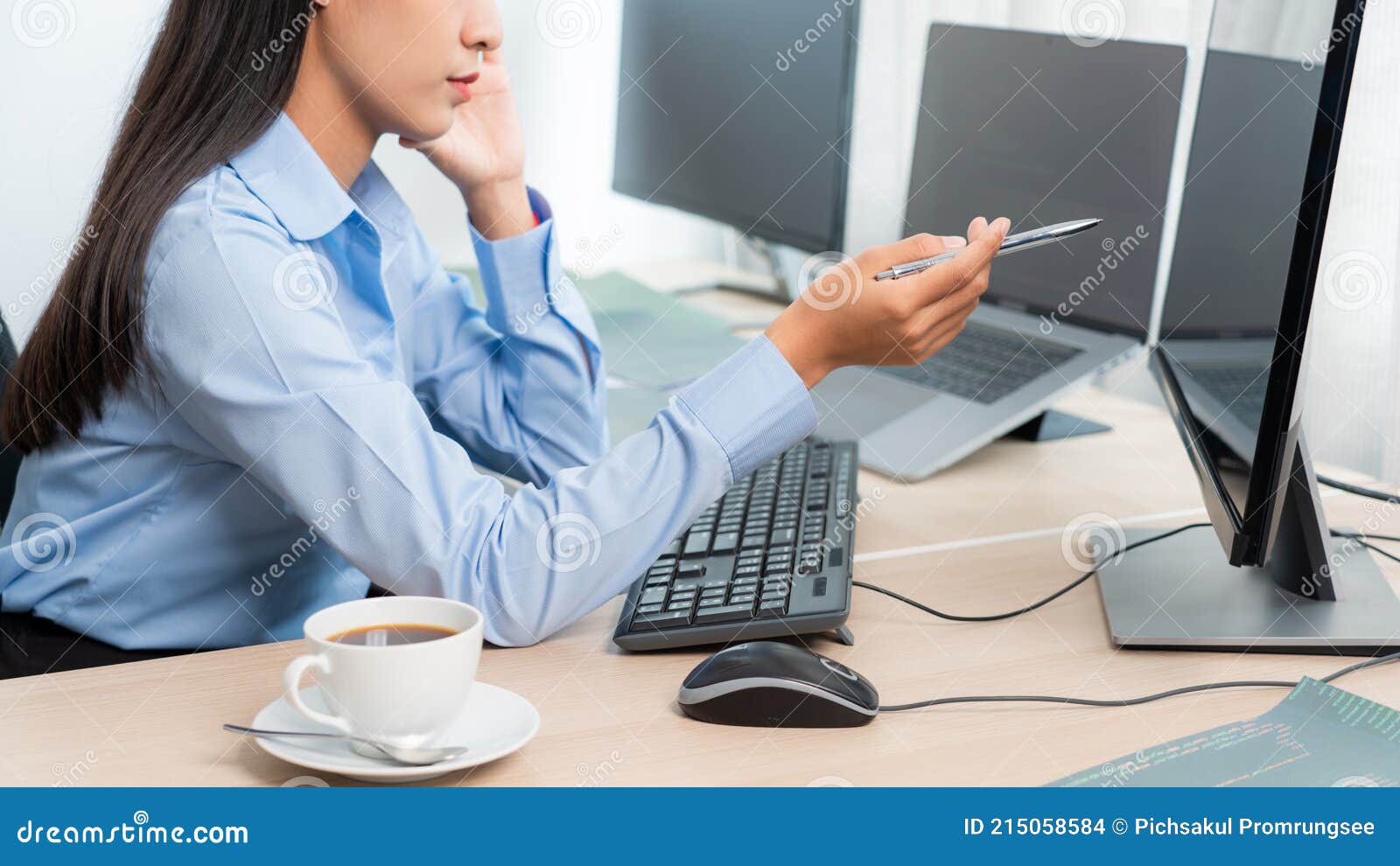 Asian Woman Programmer Typing Source Code With Computer Pc For Developing Program Or Application