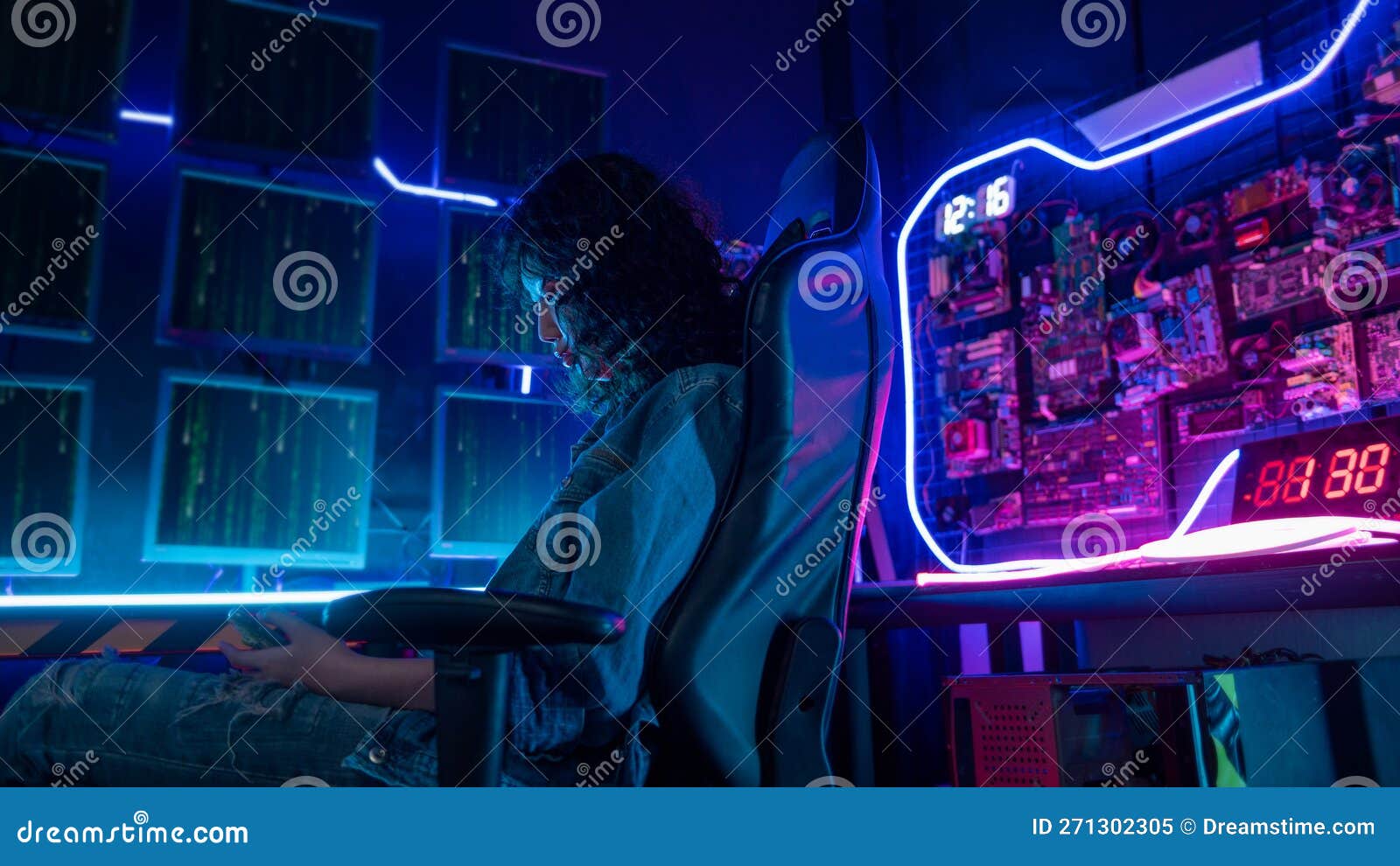 Asian Woman Programmer is Working in Her Computer Room , Futuristic ...
