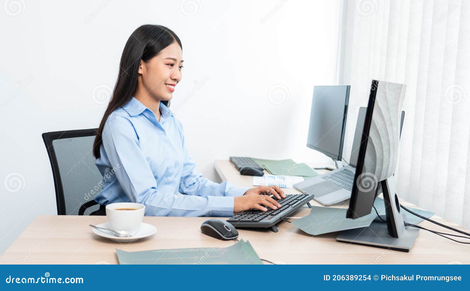 Asian Woman Programming Working with Computer and Typing Data Code To ...