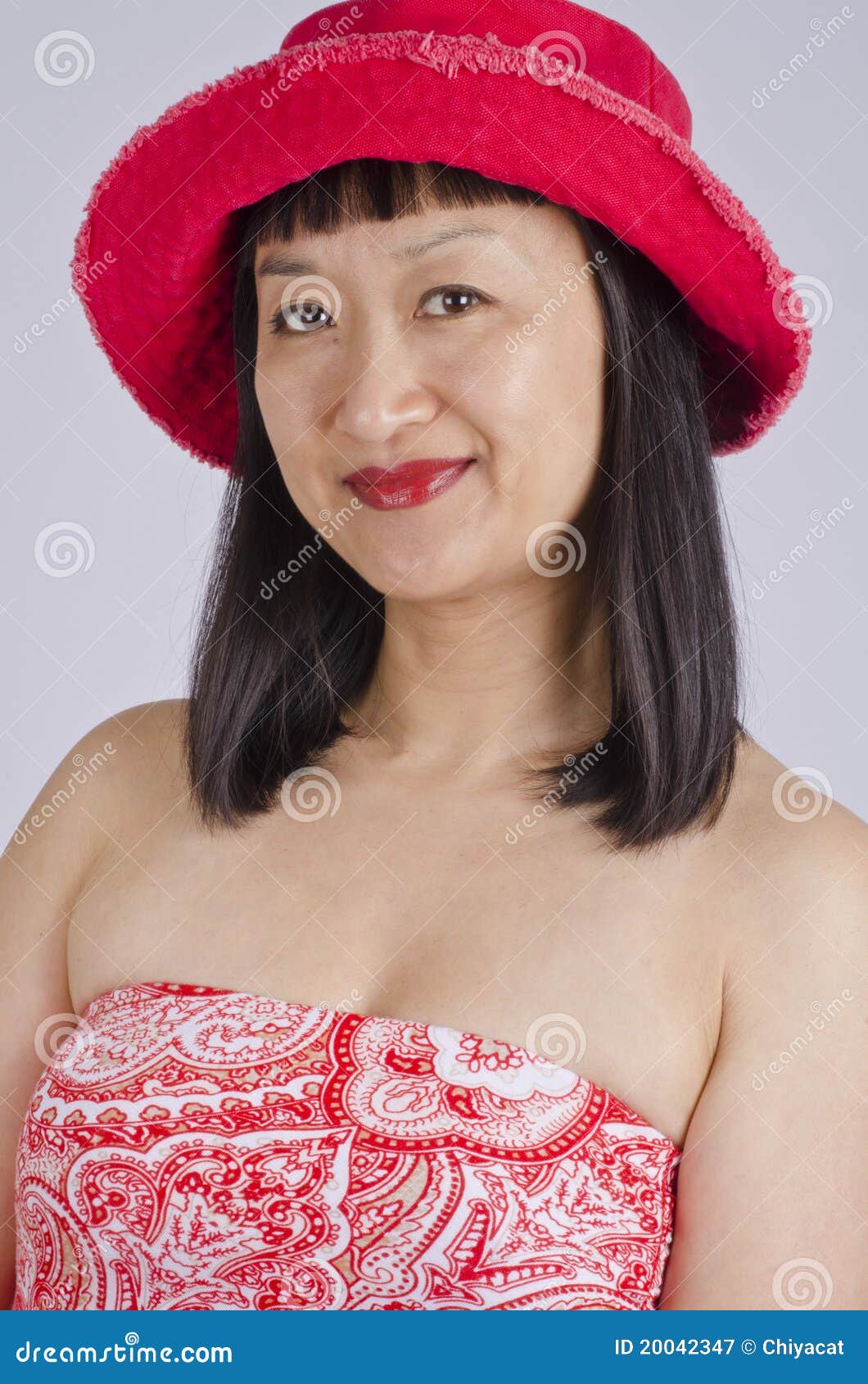 Asian Woman in Red Hat and Top Stock Image - Image of bangs, beauty ...