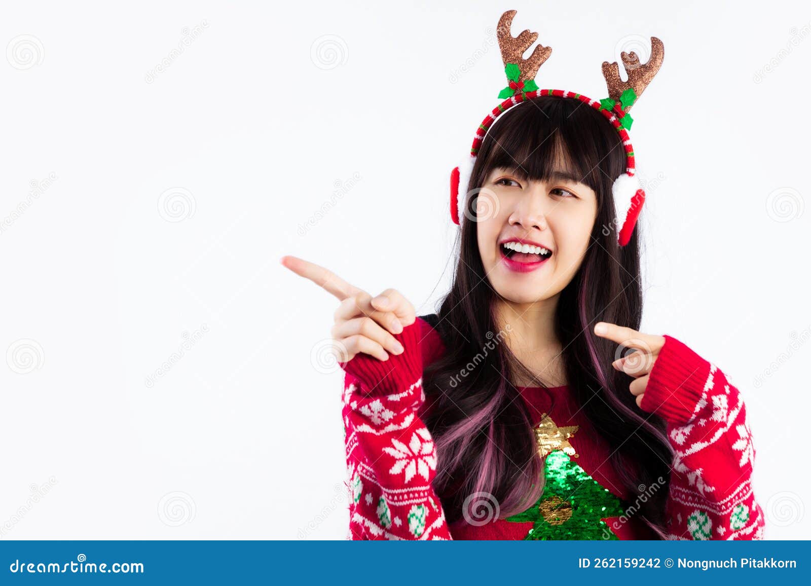 Asian Woman In Red White And Green Sweatshirt Wear Earmuffs And