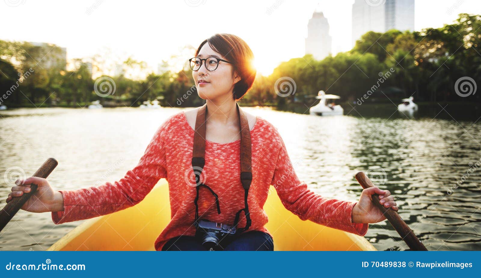 Asian Woman Ride on Boat Concept Stock Photo - Image of skyscrapers ...