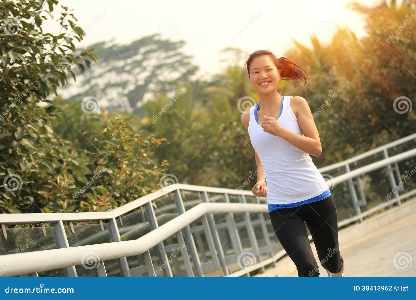 Asian Woman Running at Park Footbridge Stock Photo - Image of clothes ...